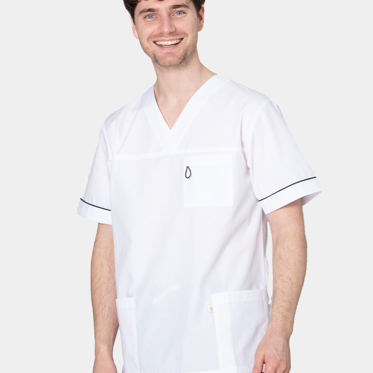 HappyFIT Alex Unisex Scrub Top - White (Navy Trim_ – Happythreads
